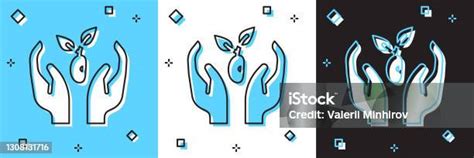 파란색과 흰색 검은 색 배경에 고립 된 환경 보호 아이콘의 손에 식물을 설정합니다 종묘와 묘목 묘목을 심는다 생태 개념 벡터 개념에 대한 스톡 벡터 아트 및 기타 이미지