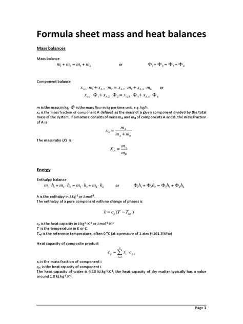 Formula Sheet Mass And Energy Balances Pdf Membrane Technology