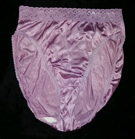 Vintage Hanes Purple Satin Nylon Silky Floral Lace Hi Cut Brief Panties