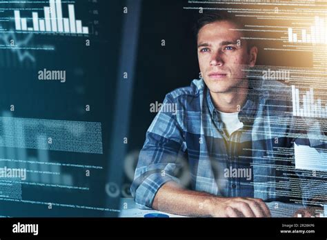 code hologram and man with cloud programming or database with charts