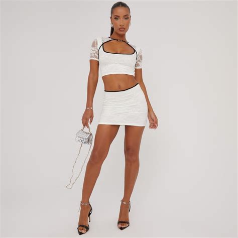 Contrast Trim Detail Mini Bodycon Skirt In White Lace Ego