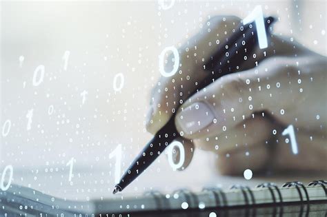 Premium Photo Creative Abstract Binary Code Sketch And Woman Hand Writing In Notepad On