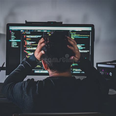 Stressed Programmer Holding His Head While Working On Computer Code