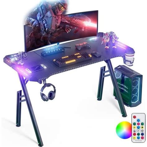 Bureau Gaming Led X Cm Bureau Ergonomique Gamer Avec Plateau En Fibre De Carbone Avec