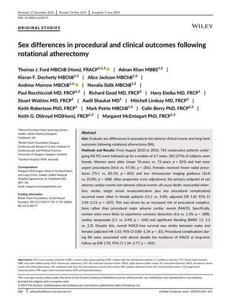 Pdf Sex Differences In Procedural And Clinical Outcomes Following Rotational Atherectomy