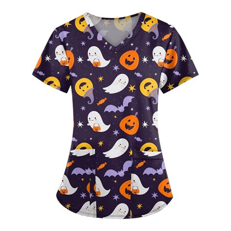 DENGDENG Halloween Scrubs Plus Size Casual V Neck Pumpkin Ghost Graphic
