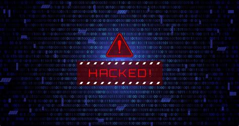 Red Hacked Warring Sign In Blue Data Matrix Falling Binary Numbers