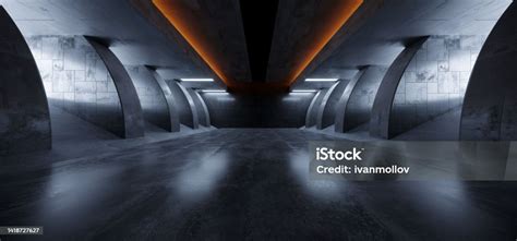 Sci Fi 미래 지향적 인 우주선 쇼룸 격납고 스튜디오 콘크리트 복도 시멘트 아스팔트 어두운 현실적인 지하 지하 벙커 3d