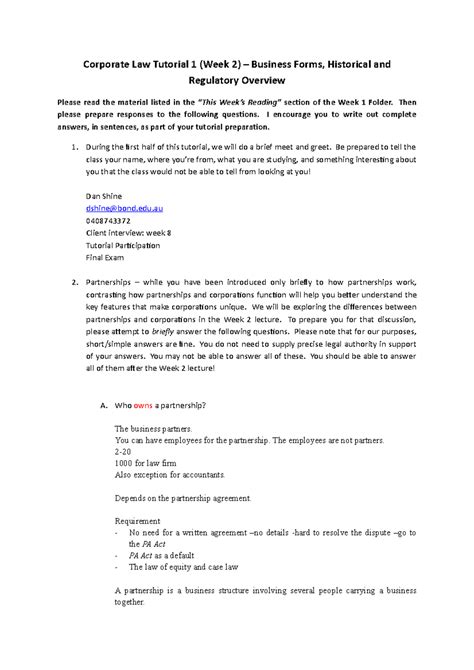 Corporate Law Tutorial 1 Week 2 Intro To Corporate Law Corporate Law Tutorial 1 Week 2