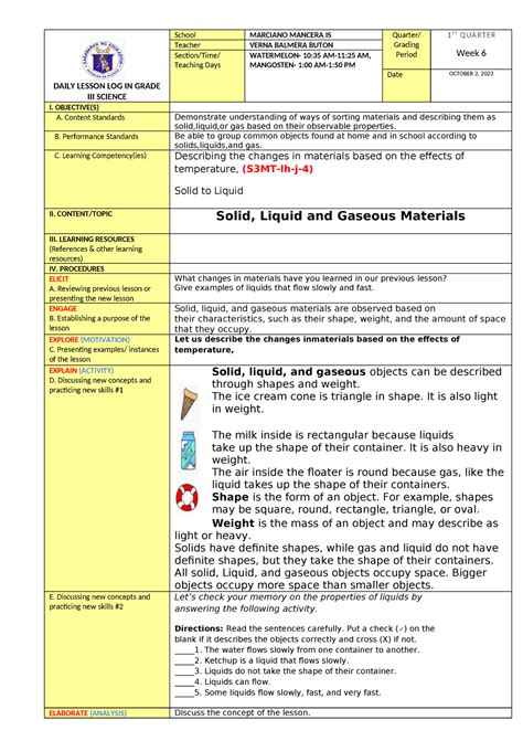 Interactive Dll Science 3 Q1 W6 Daily Lesson Log In Grade Iii Science