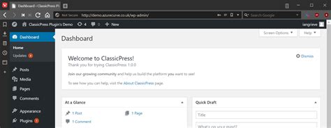 installing classicpress first login azurecurve