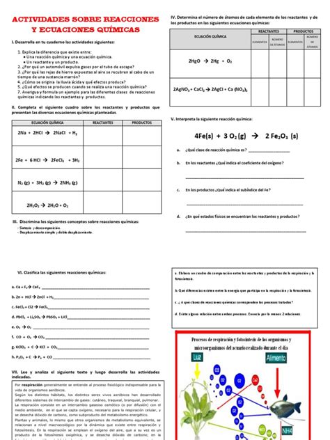 Actividades De Reacciones Y Ecuaciones Químicas Redox Reacciones