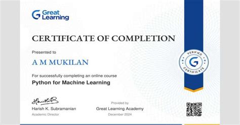 Python For Machine Learning Course Completion Certificate For A M