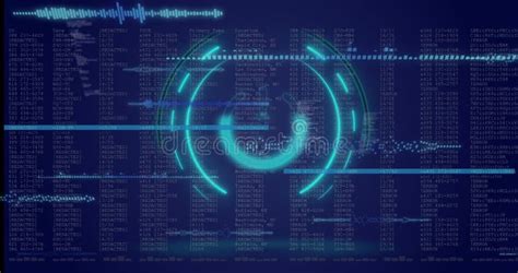 image of neon round scanner and light trails over data processing on