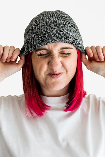 Premium Photo Woman In A Gray Woolen Hat Apparel Mockup