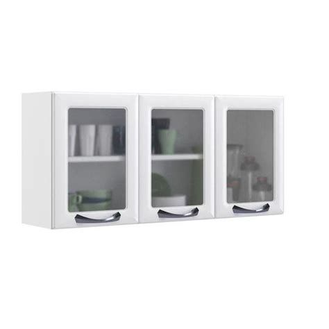 Armário Aéreo de Cozinha Branco 3 Portas Vidro New Premium
