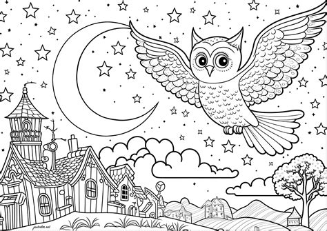 Owl Moon Stars And Pretty Village Owl Coloring Pages For Adults