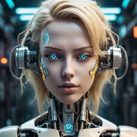 Portrait Of A Sensual Blonde Robot In The Cyberpunk Style The Face Is