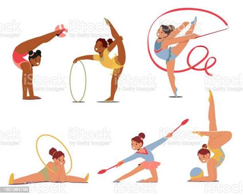 재능 있는 젊은 체조 소녀 캐릭터들이 우아함과 기술로 인상적인 일상을 수행하고 만화 삽화를 선보인다 춤에 대한 스톡 벡터 아트 및 기타 이미지 Istock