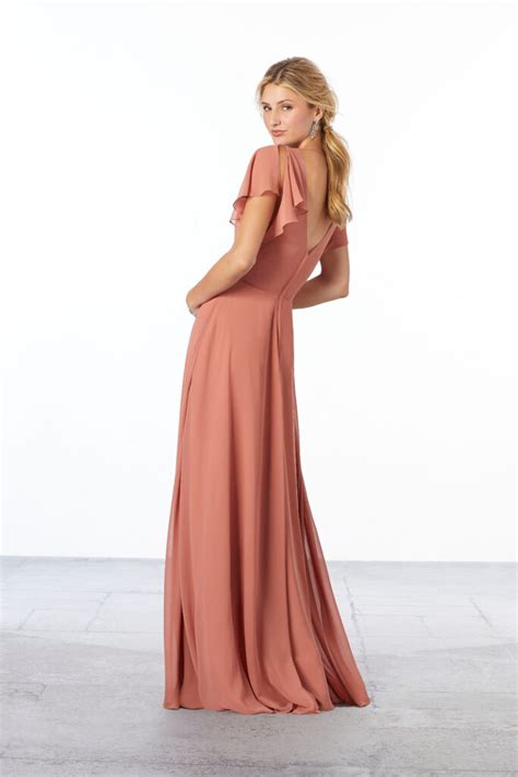 Chiffon Bridesmaid Dress With Flutter Sleeve And Front Slit
