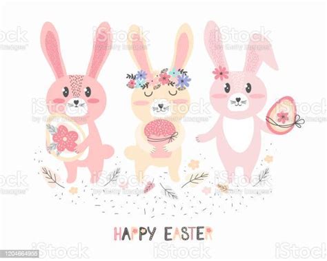 부활절 케이크와 달걀 귀여운 토끼 스칸디나비아 손으로 그린 스타일의 수평 인사말 카드 또는 배너 재미 작은 만화 토끼 행복한 부활절 플랫 벡터 그림입니다 휴일 장식 공휴일에