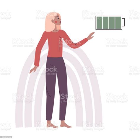 정신 건강의 개념 녹색 충전 배터리행복 한 여자 심리적 문제가없는 소녀 플랫 선형 스타일의 벡터 그림 Mental
