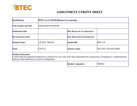 Asm2 1st Cf02 Le Duc Trong Bh01178 Assignment 2 Front Sheet