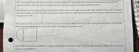 Solved 7 A Vertical Circular Cylinder Has Radius Rft And