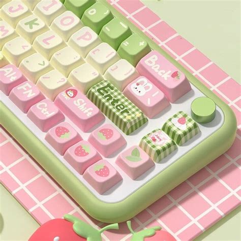 Strawberry Milk Rabbit Theme Keycap Set Cute Keycaps Anime Keycap Mda Keycap Pbt Keycap Gaming