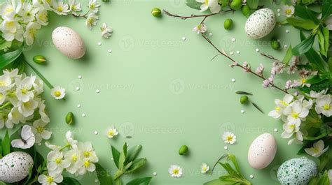 Ai Generated Green Easter Background With Springtime Flowers And Easter
