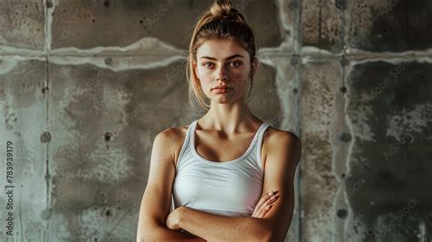 Female Bodybuilder Posing On Cool Background Young Muscular Woman