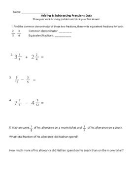 Adding Subtracting Fractions Mixed Numbers Quiz By Creations By Connelly