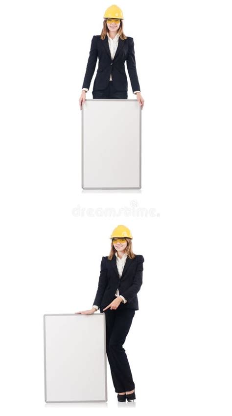 El Constructor De Sexo Femenino Joven Con Whiteboard Imagen De Archivo
