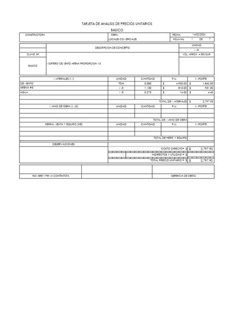 Tarjetas De Precio Unitario 1 Descargar Gratis Pdf Ingeniería De Edificación Edificio