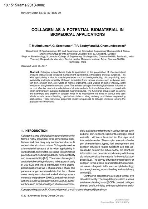 Pdf Collagen As A Potential Biomaterial In Biomedical Applications