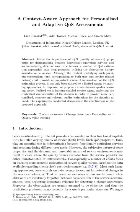 PDF A Context Aware Approach For Personalised And Adaptive QoS Assessments