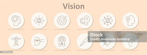 비전 아이콘 세트 기어가 있는 머리 눈 전구 전구가 있는 머리 등대 쌍안경 망원경 아이디어 관찰 초점 계획 수색 베이지색 배경에 선 아이콘 감시에 대한 스톡 벡터 아트 및