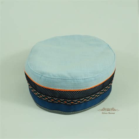 Men Sky Blue Linen Kufi Skullcap Kipa Pillbox Taqiyah Fez Tubeteika