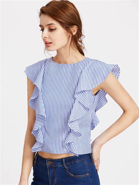 Frill Cap Sleeve Buttoned Keyhole Back Striped Top Tops Striped Top