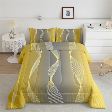 Yst Gradient Yellow And Grey Comforter Set Fullsilver Foil Print Wave