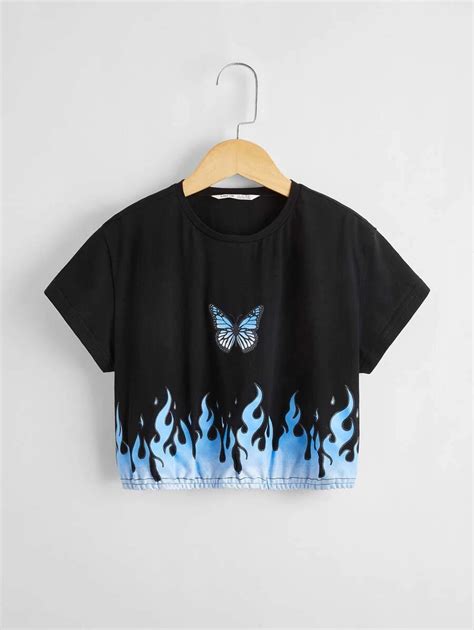 Shein Girls Fire Butterfly Print Crop Tee Artofit