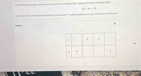 solved for the following equation determine the values of the missing