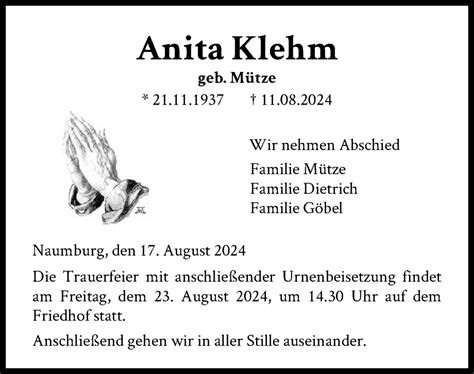 Traueranzeigen Von Anita Klehm Trauer Hna De