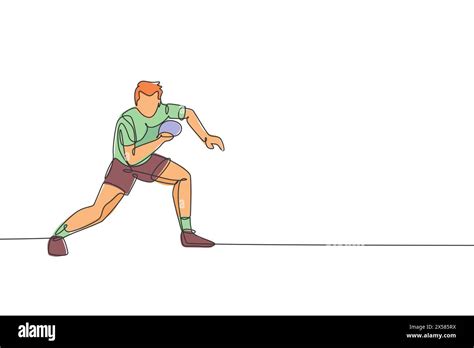 Single Continuous Line Drawing Young Agile Man Table Tennis Player Wait