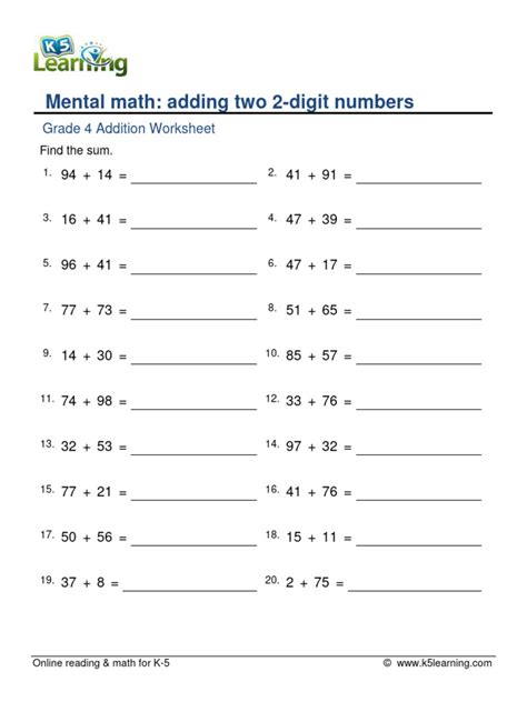 Grade 4 Addition Worksheet Adding Two 2 Digit Numbers1 Pdf