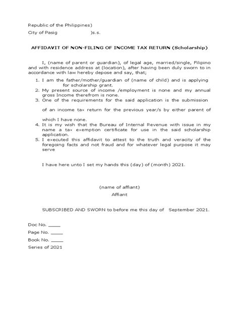 Affidavit Of Non Filing Of Income Tax Return Scholarship Pdf