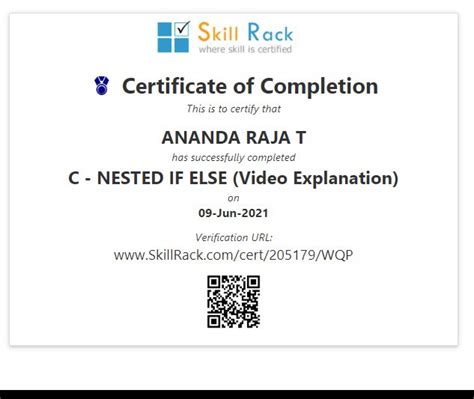 My Certificate For Completing Nested If Else Video Explanation From Ananda Raja T