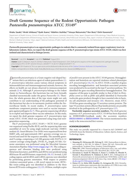 Pdf Draft Genome Sequence Of The Rodent Opportunistic Pathogen Pasteurella Pneumotropica Atcc