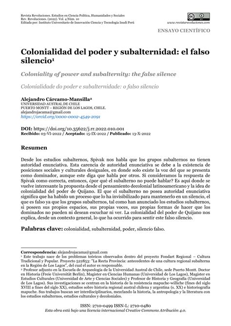 PDF Colonialidad Del Poder Y Subalternidad El Falso Silencio