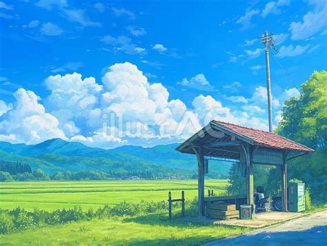 田舎のバス停と田園風景2イラスト No 24934580無料イラストフリー素材ならイラストAC
